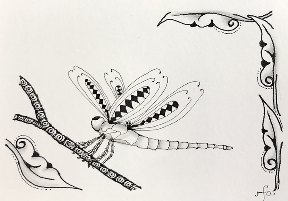 Zen Dragonfly, ink Zentangle on watercolor postcard by Robin Atkins ...